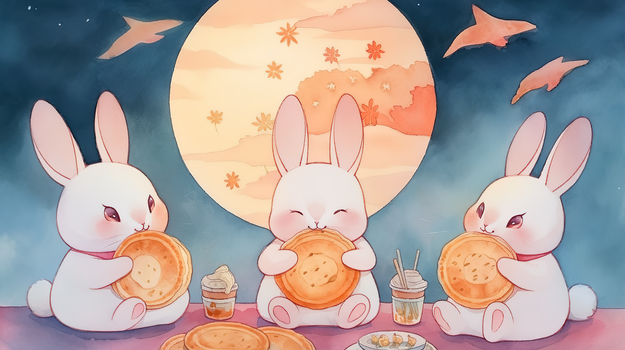 两个可爱的兔子抱着月饼在月光下插画图片素材下载_jpg格式_熊猫办公