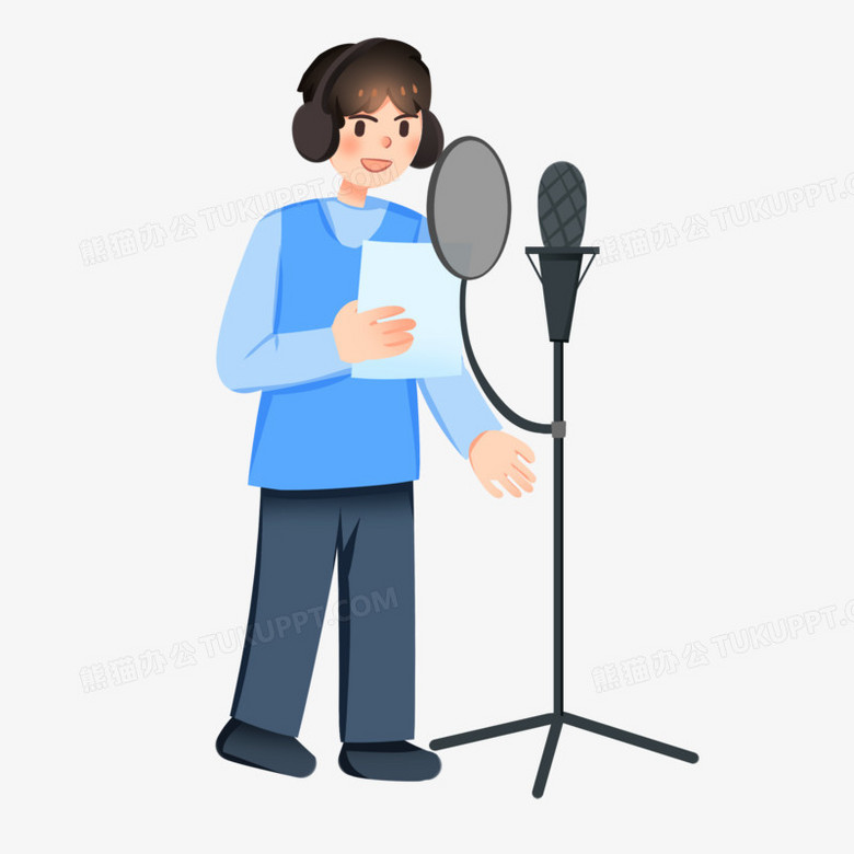 手绘卡通录音的男生免抠PNG图片素材下载_手绘PNG_熊猫办公