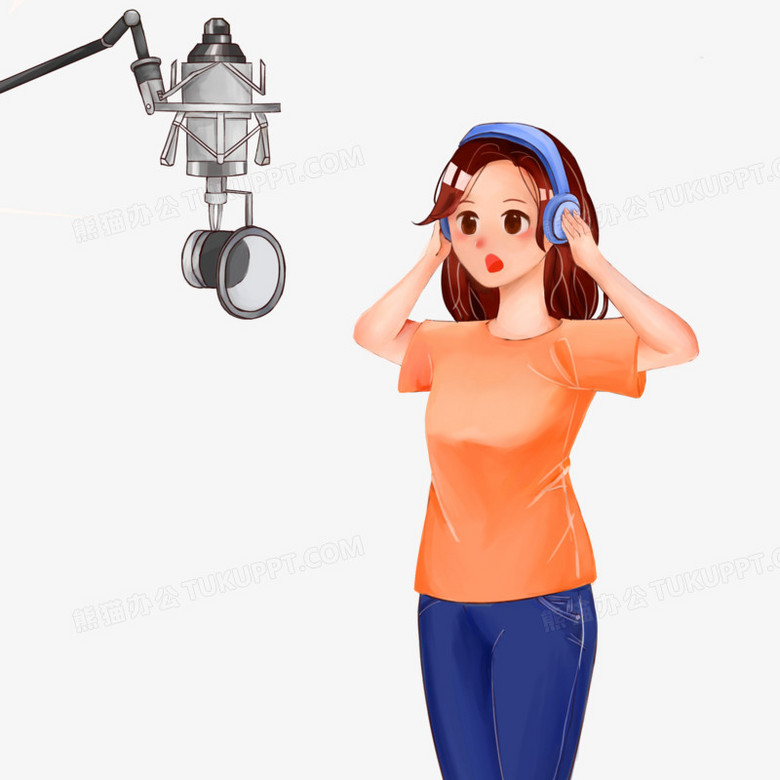 手绘卡通录音的女孩PNG图片素材下载_卡通PNG_熊猫办公