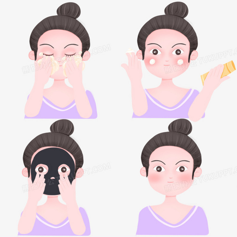 手绘卡通美女卸妆洗脸护肤步骤图元素png图片素材下载元素png熊猫办公