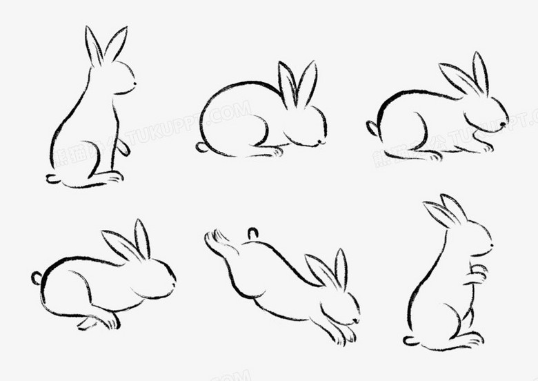 一组水墨线描兔子组合元素PNG图片素材下载_兔子PNG_熊猫办公