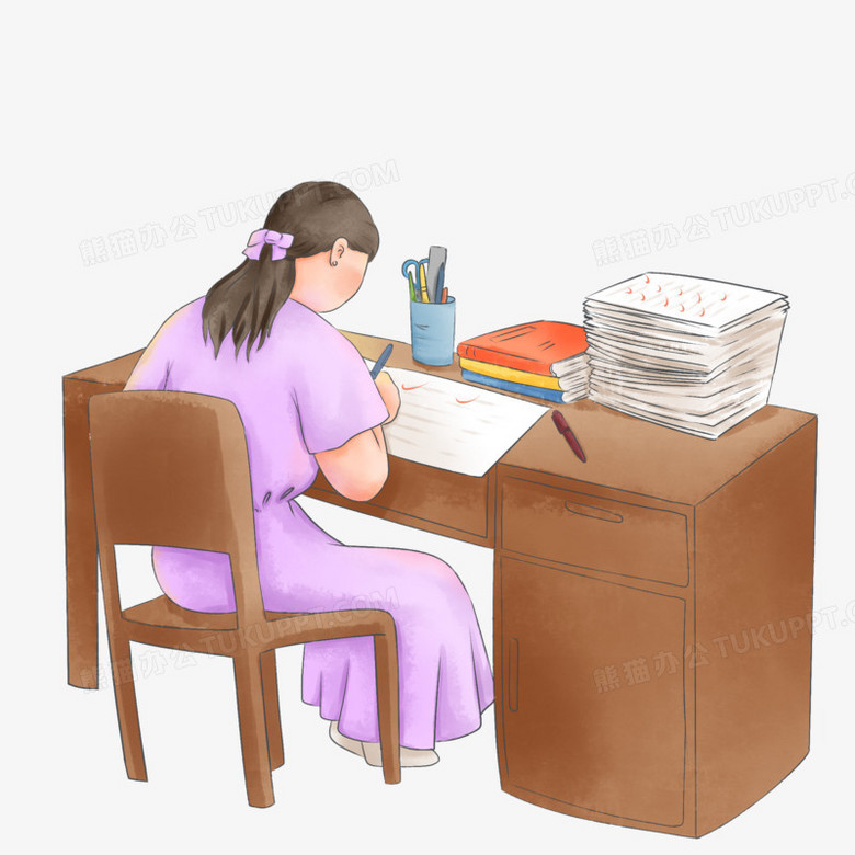 手绘插画风老师辛苦伏案工作背影元素PNG图片素材下载_老师PNG_熊猫办公
