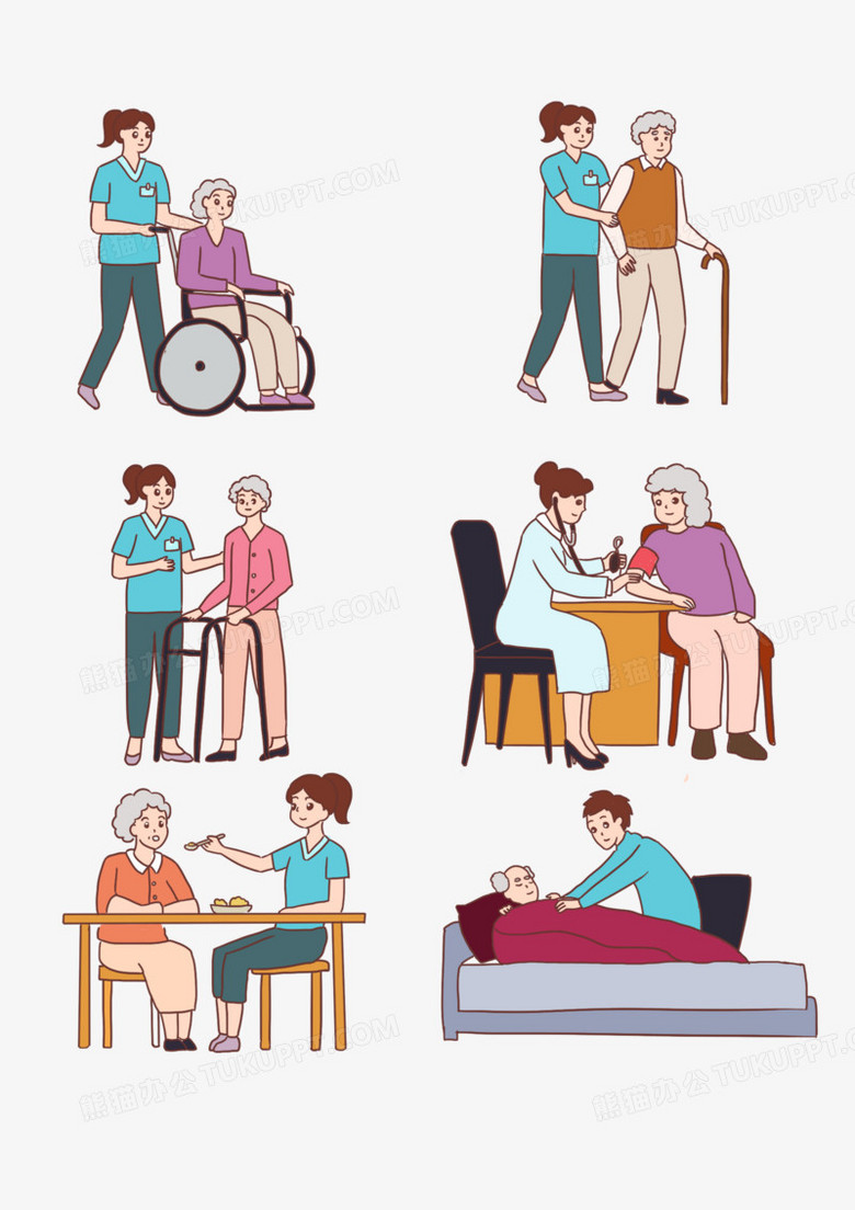 一组卡通护理照顾老人场景套图免抠元素PNG图片素材下载_卡通PNG_熊猫办公