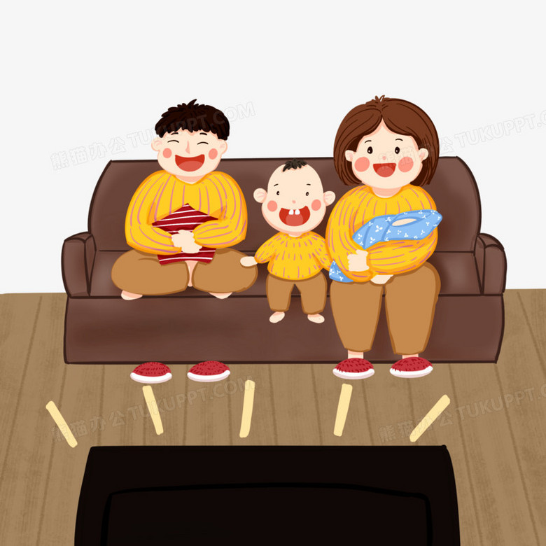 卡通手绘一家人坐在一起看电视元素png图片素材下载手绘png熊猫办公