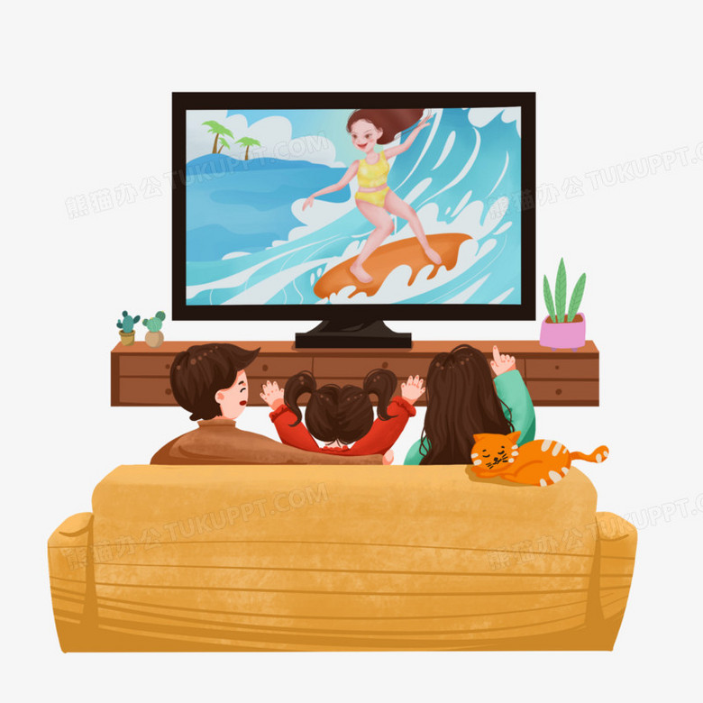 手绘插画风一家人看电视场景png图片素材下载电视png熊猫办公