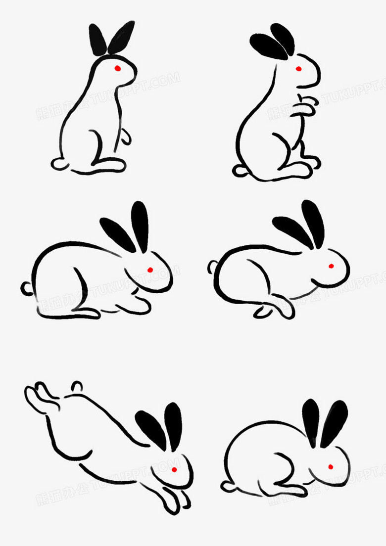 一组手绘水墨风线描兔子合集PNG图片素材下载_兔子PNG_熊猫办公