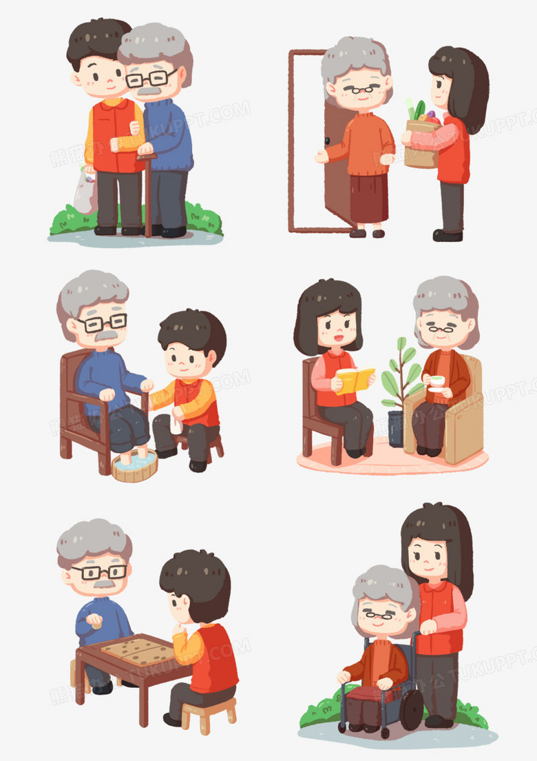 一组手绘插画志愿者帮助老人照顾老人合集PNG图片素材下载_手绘PNG_熊猫办公