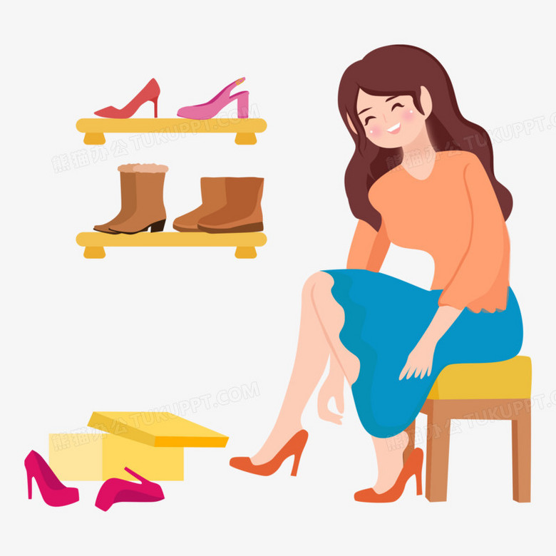卡通矢量商店试穿鞋子的美女PNG图片素材下载_卡通PNG_熊猫办公
