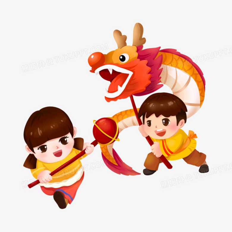 手绘卡通男娃女娃一起舞龙元素PNG图片素材下载_元素PNG_熊猫办公