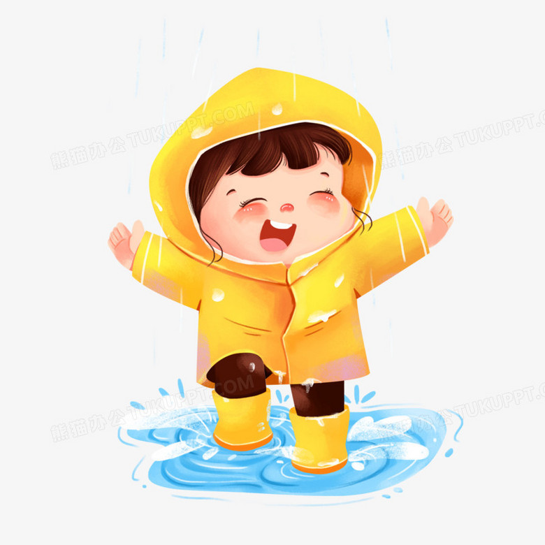 卡通小男孩穿雨衣踩水场景PNG图片素材下载_男孩PNG_熊猫办公