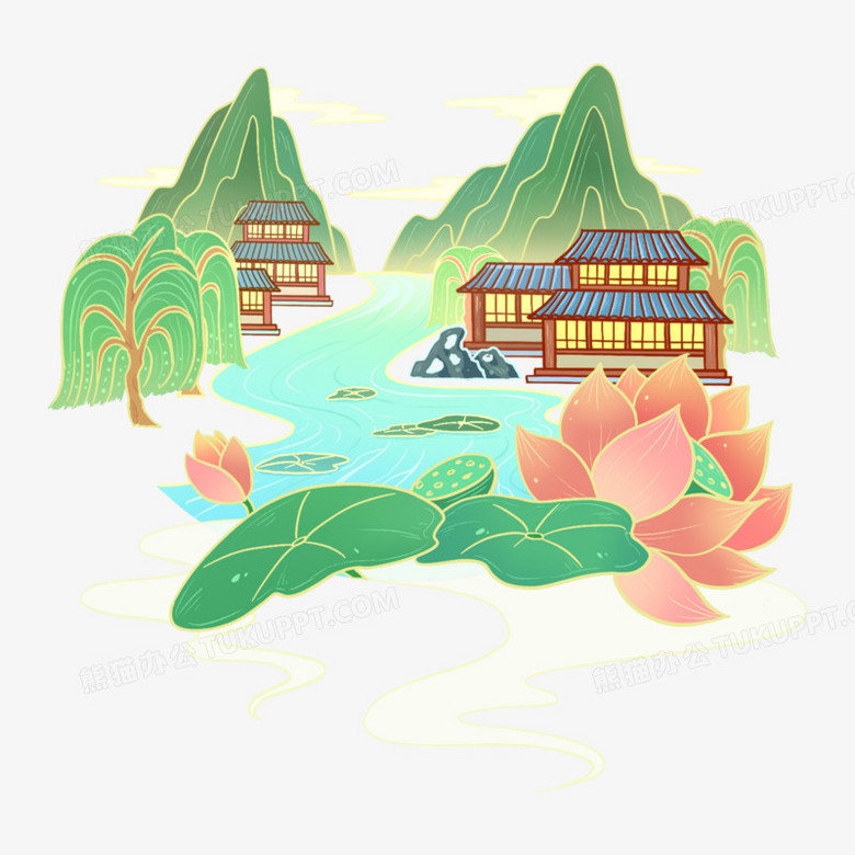 手绘国潮风青绿山水夏季微景观元素PNG图片素材下载_山水PNG_熊猫办公