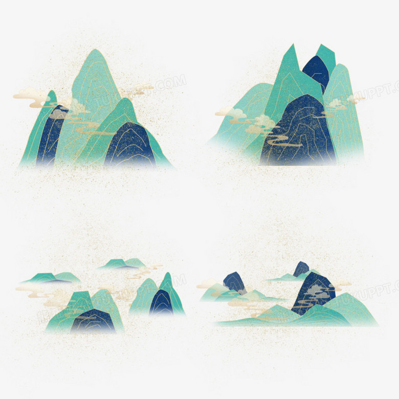 一组手绘中国风青绿山水设计PNG图片素材下载_中国PNG_熊猫办公