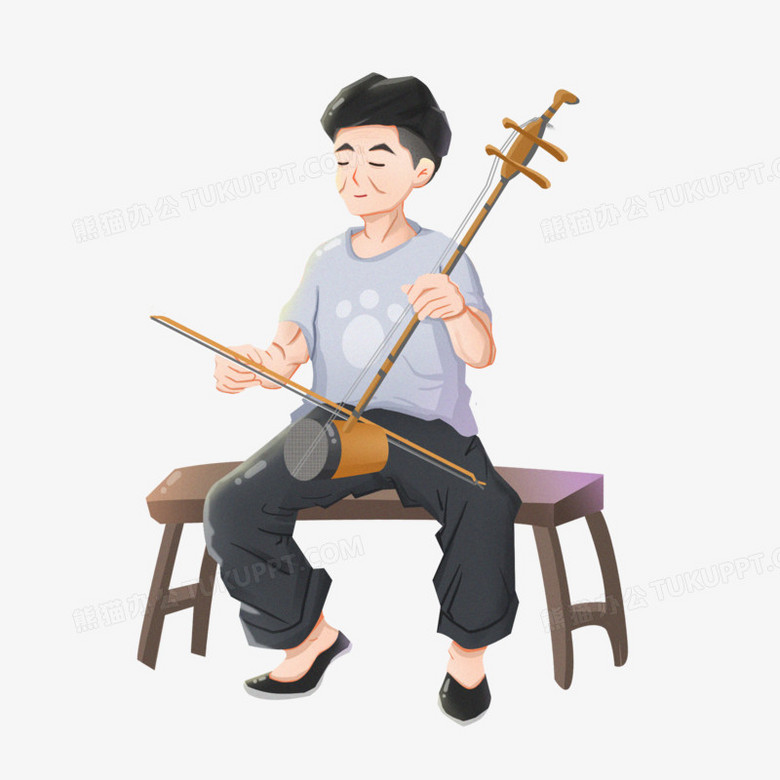 彩色插画风爷爷拉二胡场景免抠元素PNG图片素材下载_场景PNG_熊猫办公