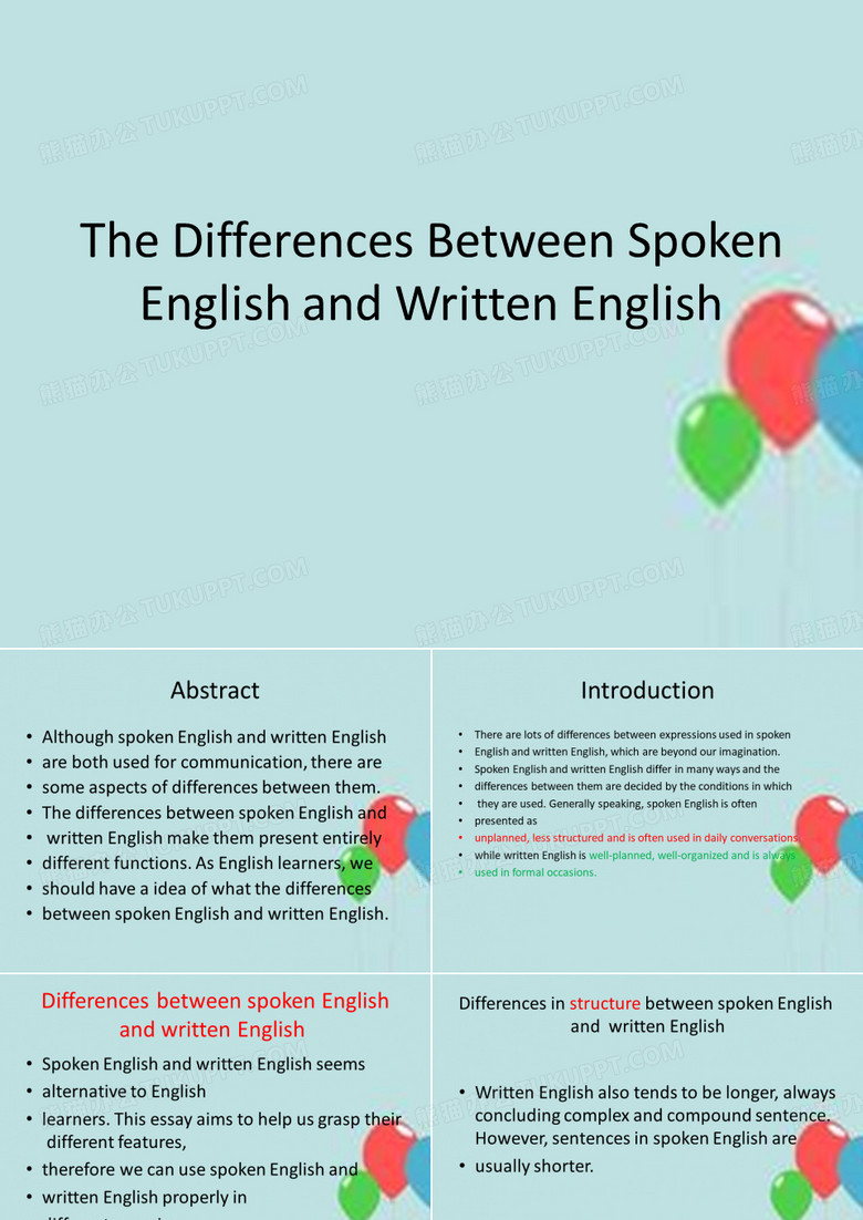 thedifferencesbetweenspokenenglishandwrittenenglishPPT模板下载_编号qxdjaybw_熊猫办公