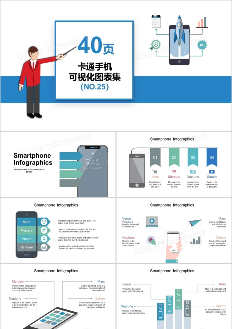 40页卡通手机可视化图表集PPT模板下载_熊猫办公