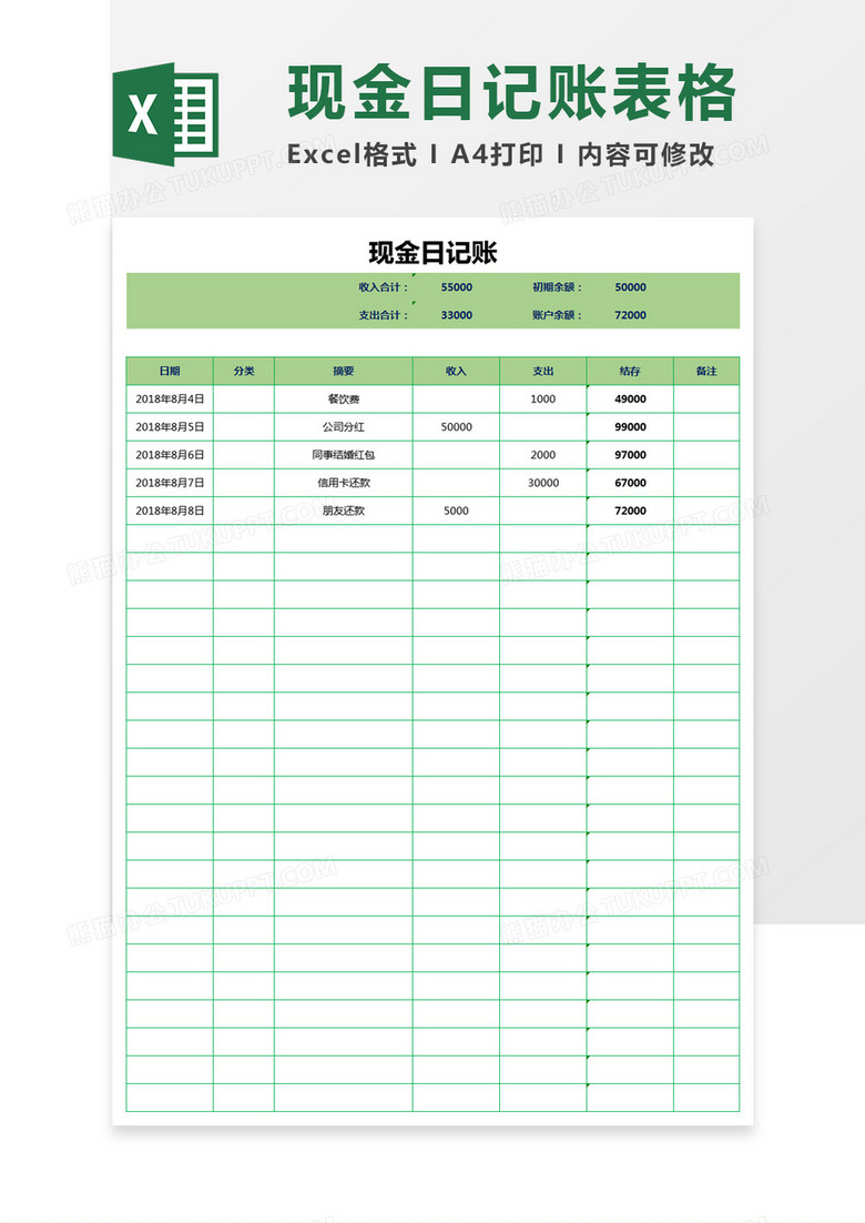 简约现金日记账excel模板下载熊猫办公