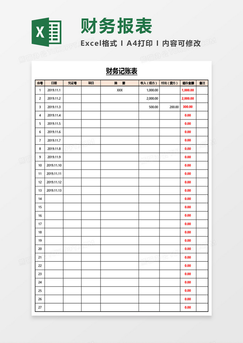 财务记账明细表excel模板下载熊猫办公