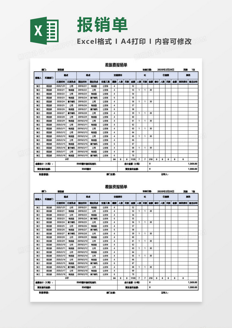 公司差旅费报销单excel模板下载 熊猫办公