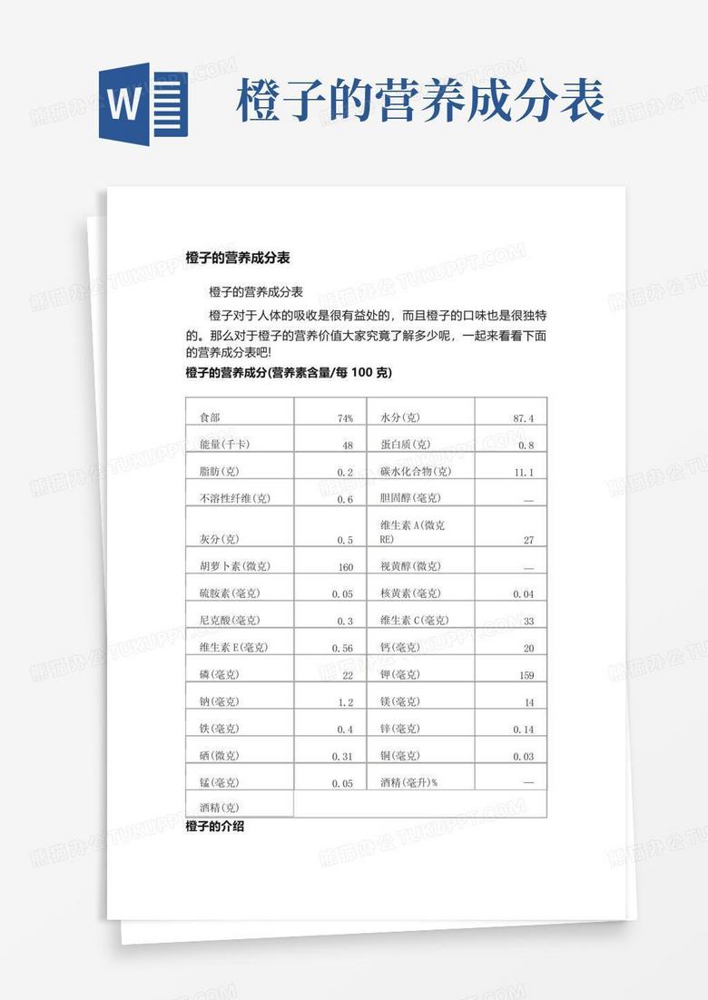 橙子的营养成分表Word模板下载_编号qkdordax_熊猫办公