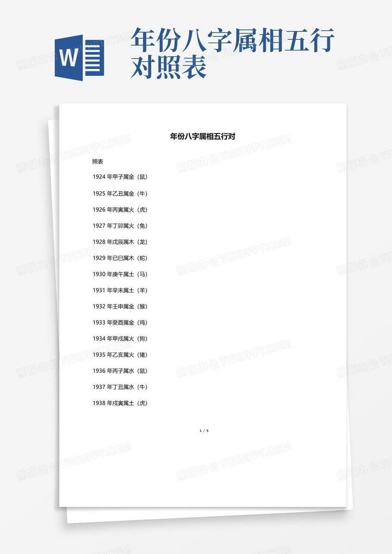 年份八字属相五行对照表word模板下载 编号qpwewrdb 熊猫办公