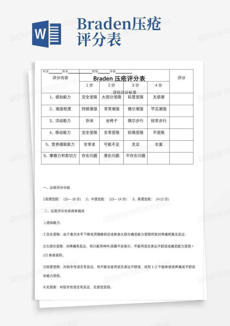 braden压疮评分表Word模板下载_编号lzvaekbb_熊猫办公