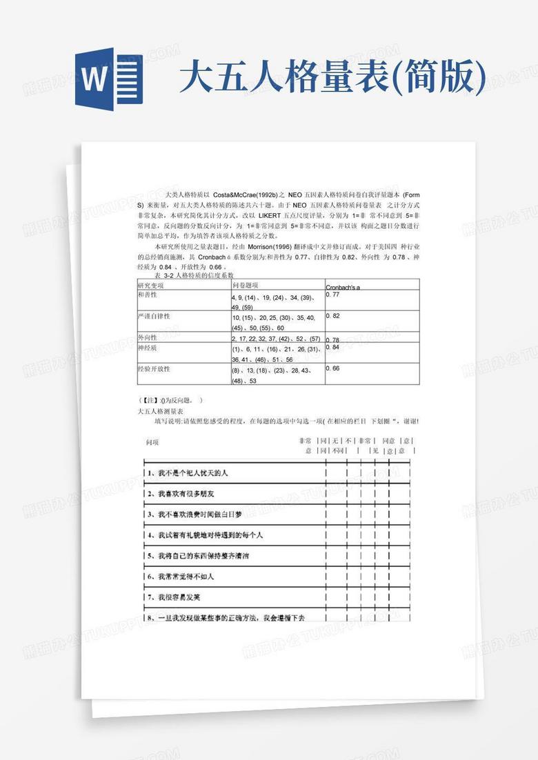 大五人格量表(简版)Word模板下载_编号qxvzzrgz_熊猫办公
