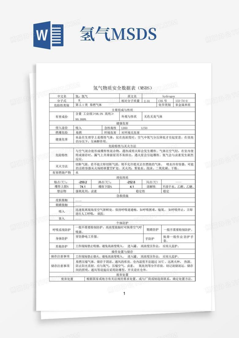 氢气msdsWord模板下载_编号lgjerpbo_熊猫办公