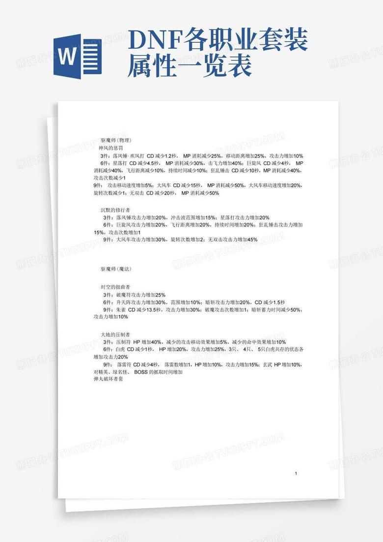 dnf各职业套装属性一览表Word模板下载_编号qanjbgxy_熊猫办公
