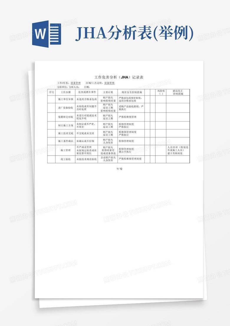 jha分析表(举例)Word模板下载_编号qmkwbmjx_熊猫办公