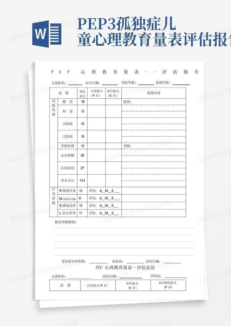 pep-3孤独症儿童心理教育量表评估报告-Word模板下载_编号qxbjopda_熊猫办公