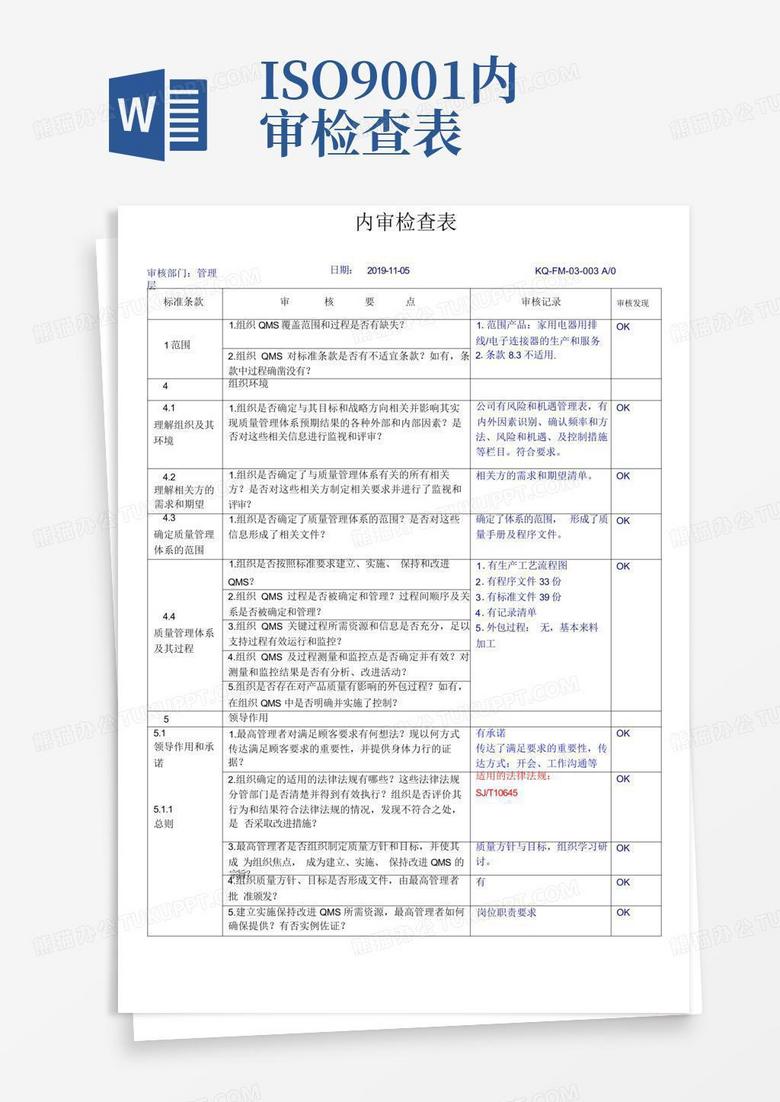 iso9001内审检查表Word模板下载_编号qjjprekj_熊猫办公