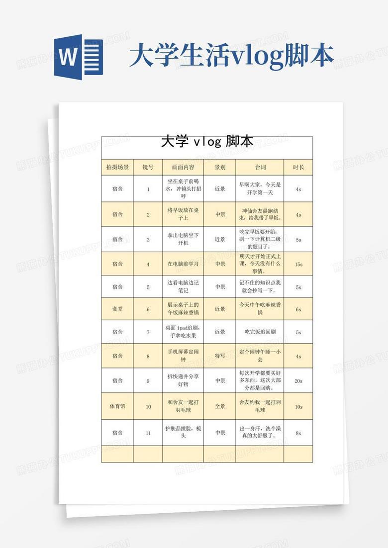 大学生活vlog脚本Word模板下载_编号qbzjvprp_熊猫办公