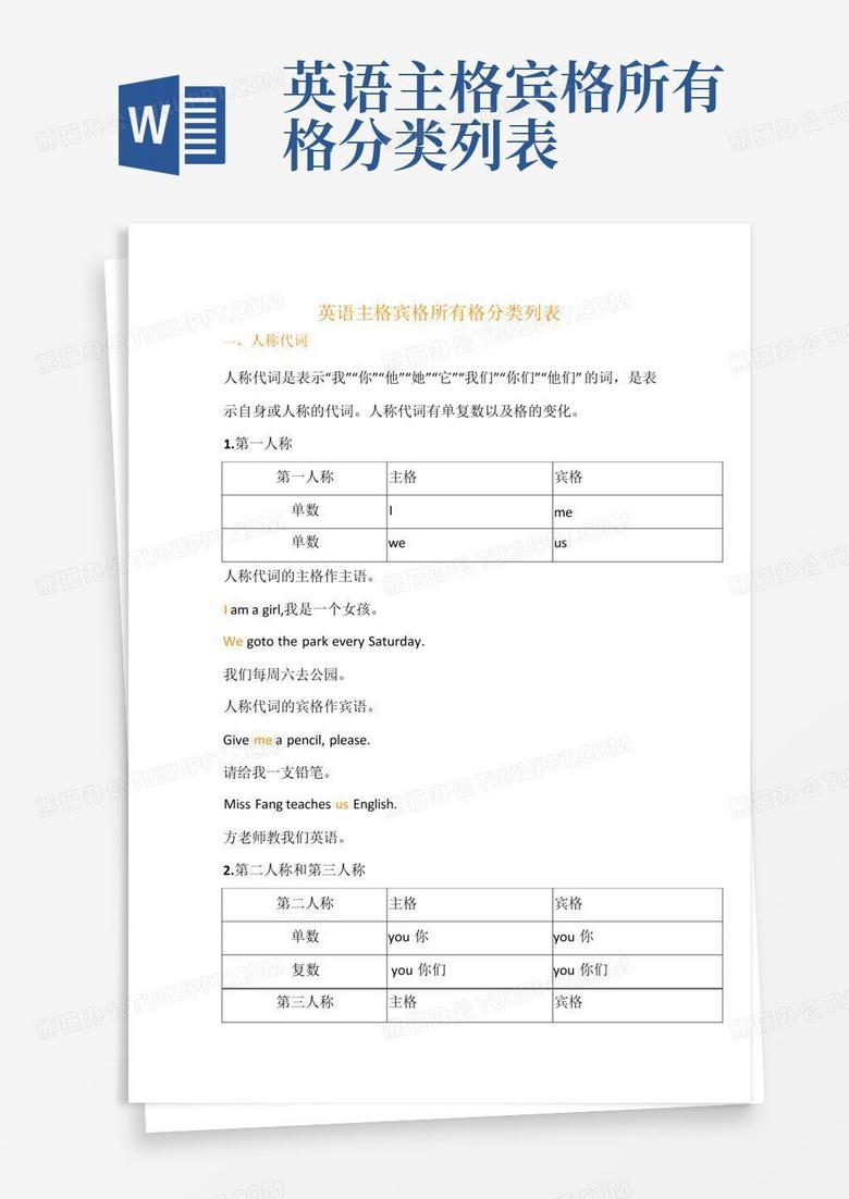 英语主格宾格所有格分类列表Word模板下载_编号leynbwbo_熊猫办公