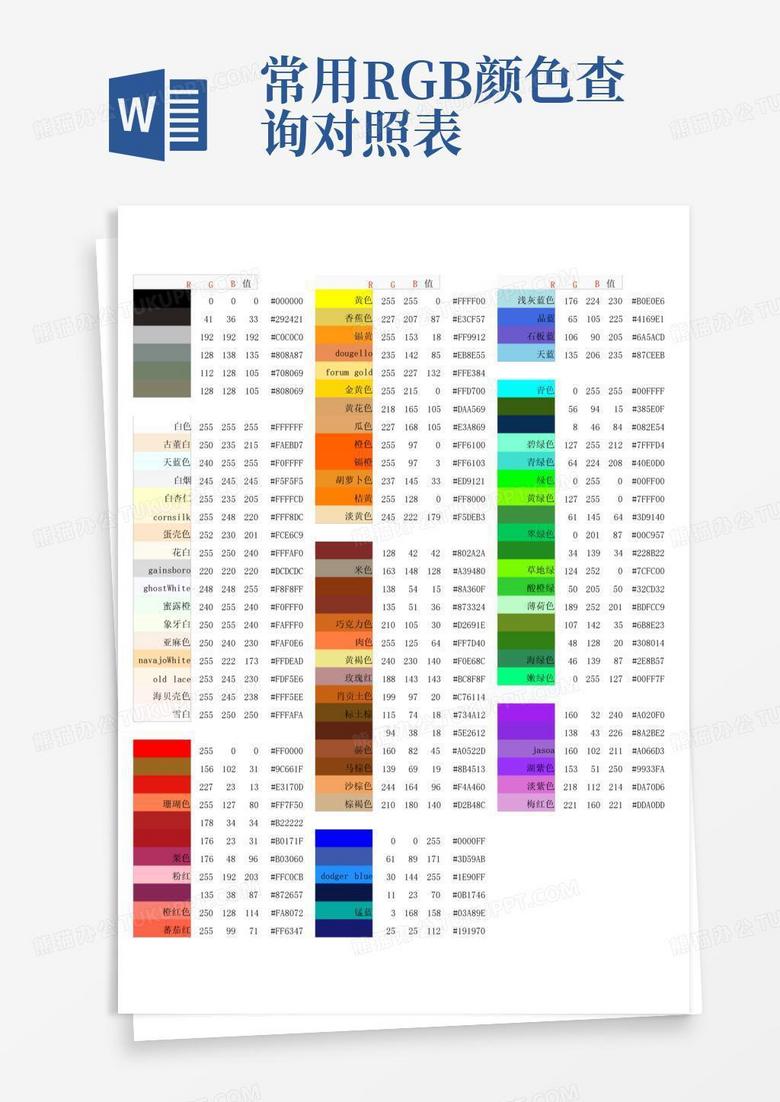 常用rgb颜色查询对照表Word模板下载_编号lpkgkdjb_熊猫办公