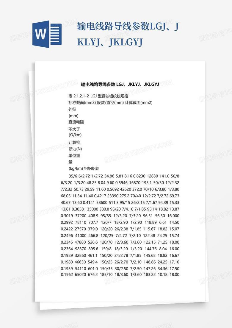 输电线路导线参数lgj、jklyj、jklgyjWord模板下载_编号lgjzwzyv_熊猫办公