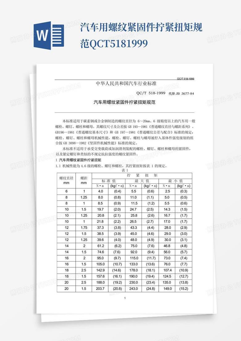 汽车用螺纹紧固件拧紧扭矩规范qct518-1999Word模板下载_编号ldbxzdjr_熊猫办公