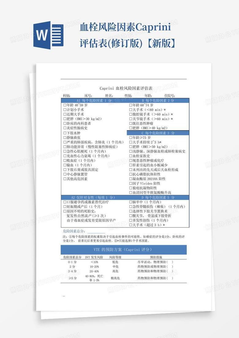 血栓风险因素caprini评估表(修订版)【新版】Word模板下载_编号qbyvoezp_熊猫办公