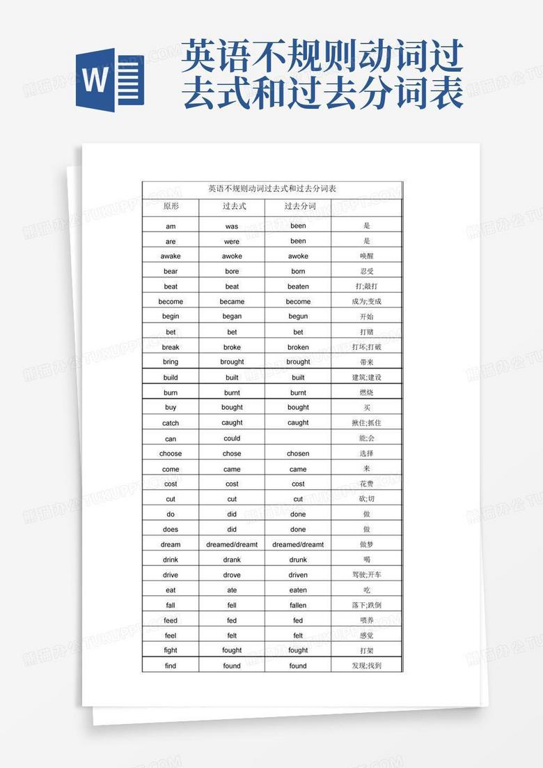 英语不规则动词过去式和过去分词表word模板下载 编号qkmwpmyo 熊猫办公