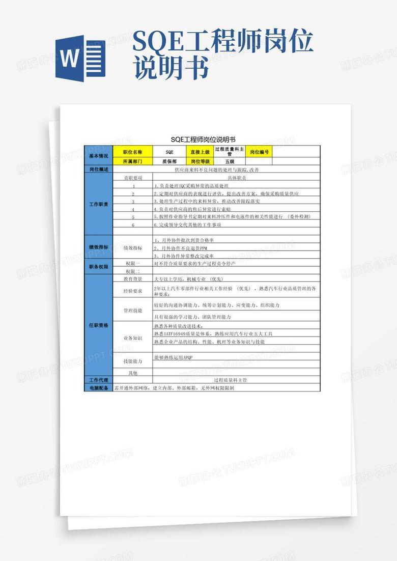 sqe工程师岗位说明书Word模板下载_编号lbrnvdzj_熊猫办公