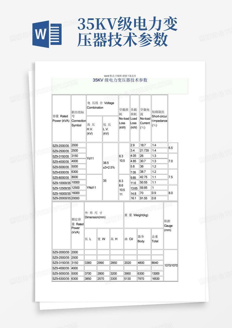35kv级电力变压器技术参数Word模板下载_编号qxgwnkga_熊猫办公