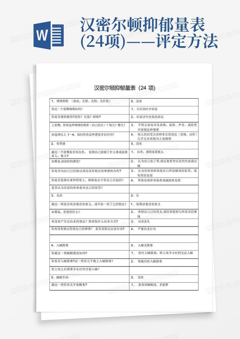 汉密尔顿抑郁量表24项——评定方法word模板下载编号lragkpdz熊猫办公