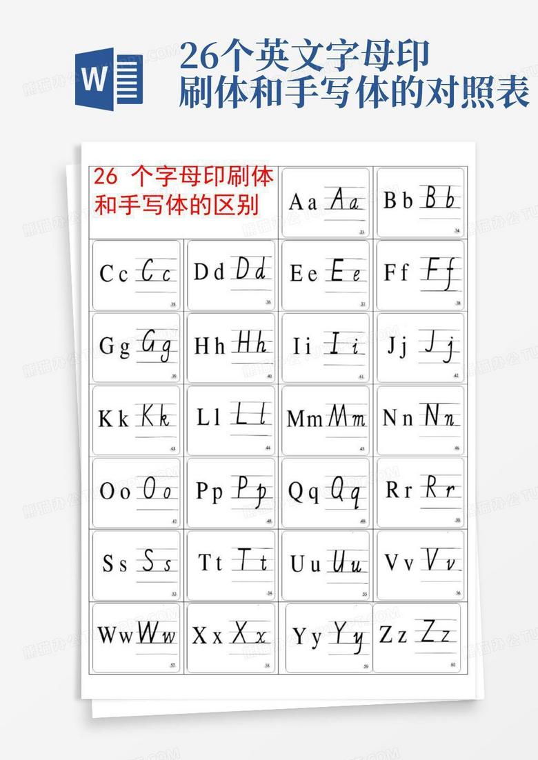 26个英文字母印刷体和手写体的对照表word模板下载编号lynxxkpe熊猫办公