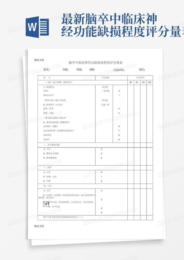 最新脑卒中临床神经功能缺损程度评分量表 Word模板下载 编号qdyxmvbn 熊猫办公