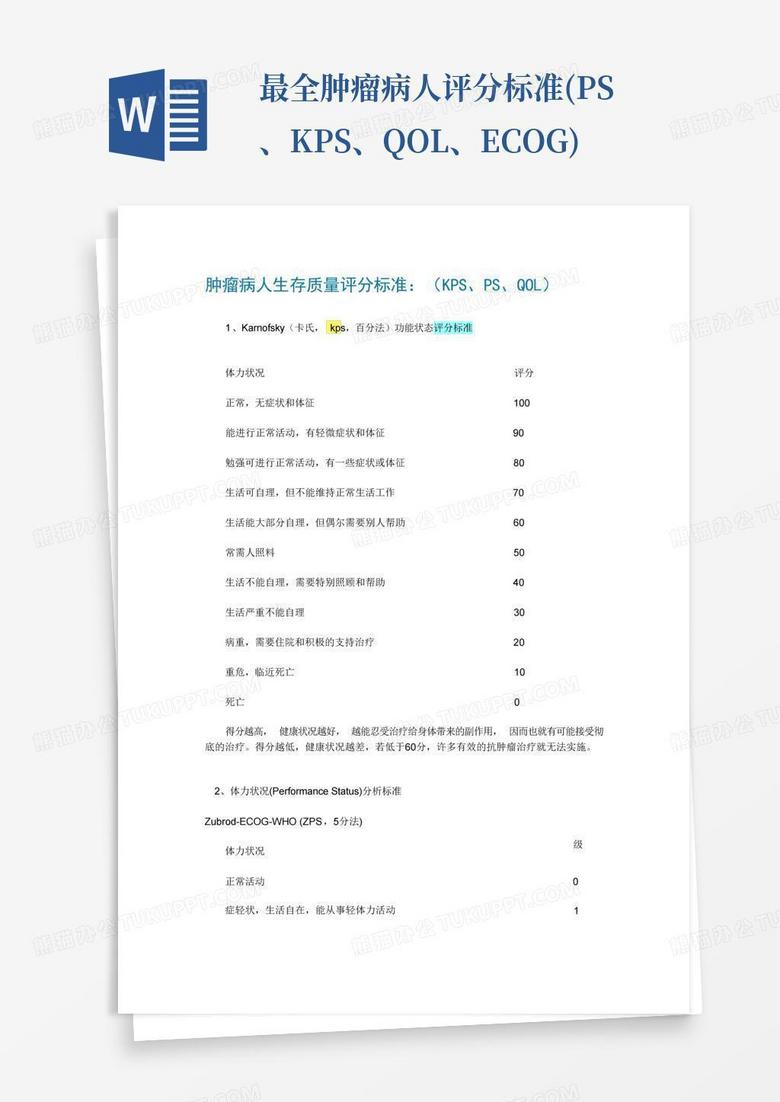 最全肿瘤病人评分标准(ps、kps、qol、ecog)Word模板下载_编号qmzbzdzp_熊猫办公