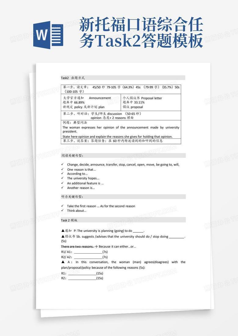 新托福口语综合任务task2答题Word模板下载_编号leymyada_熊猫办公