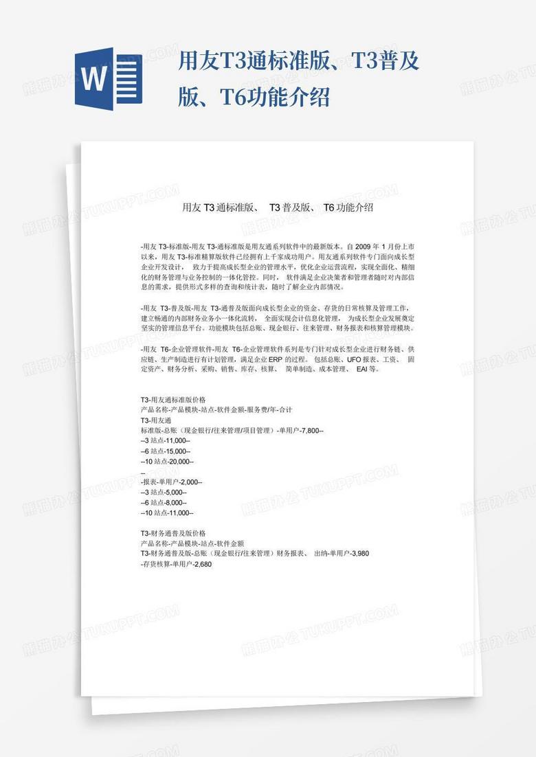 用友t3通标准版、t3普及版、t6功能介绍Word模板下载_编号lzzwprao_熊猫办公