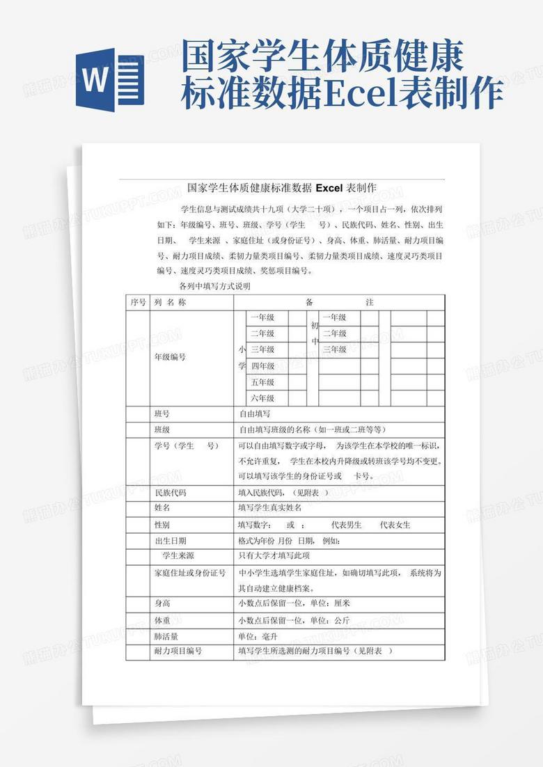 国家学生体质健康标准数据excel表制作word模板下载 编号qxmygmjx 熊猫办公