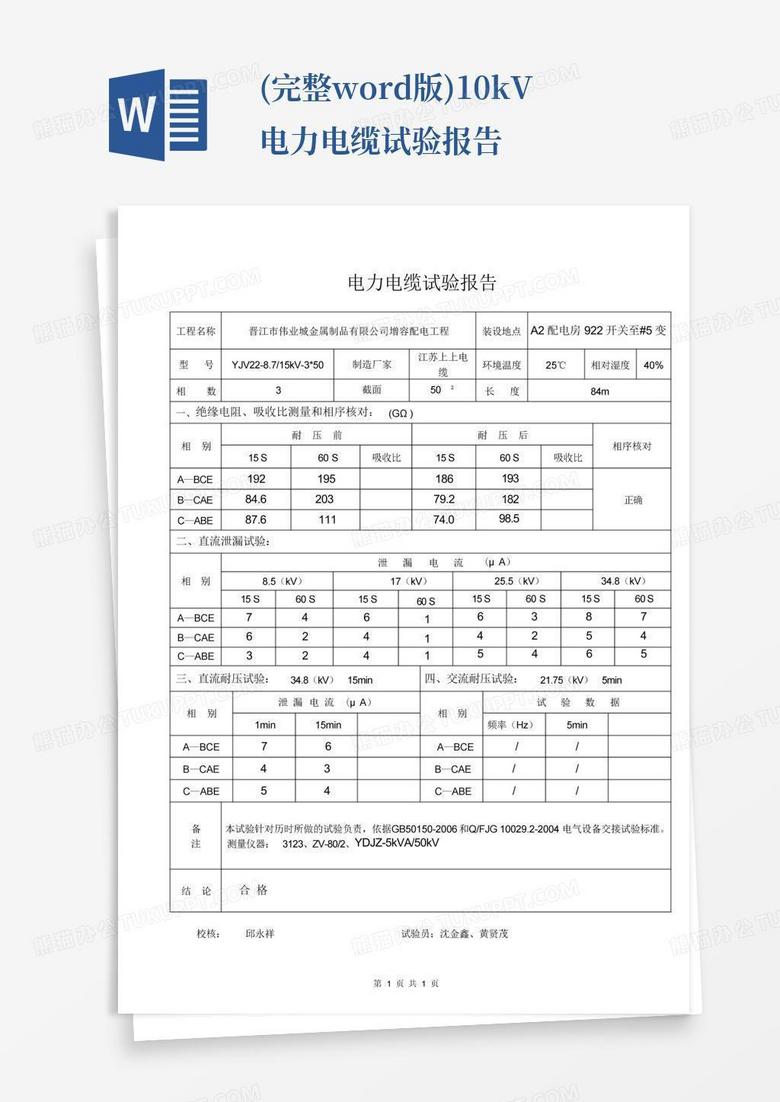 (完整版)10kv电力电缆试验报告Word模板下载_编号leomvjkv_熊猫办公