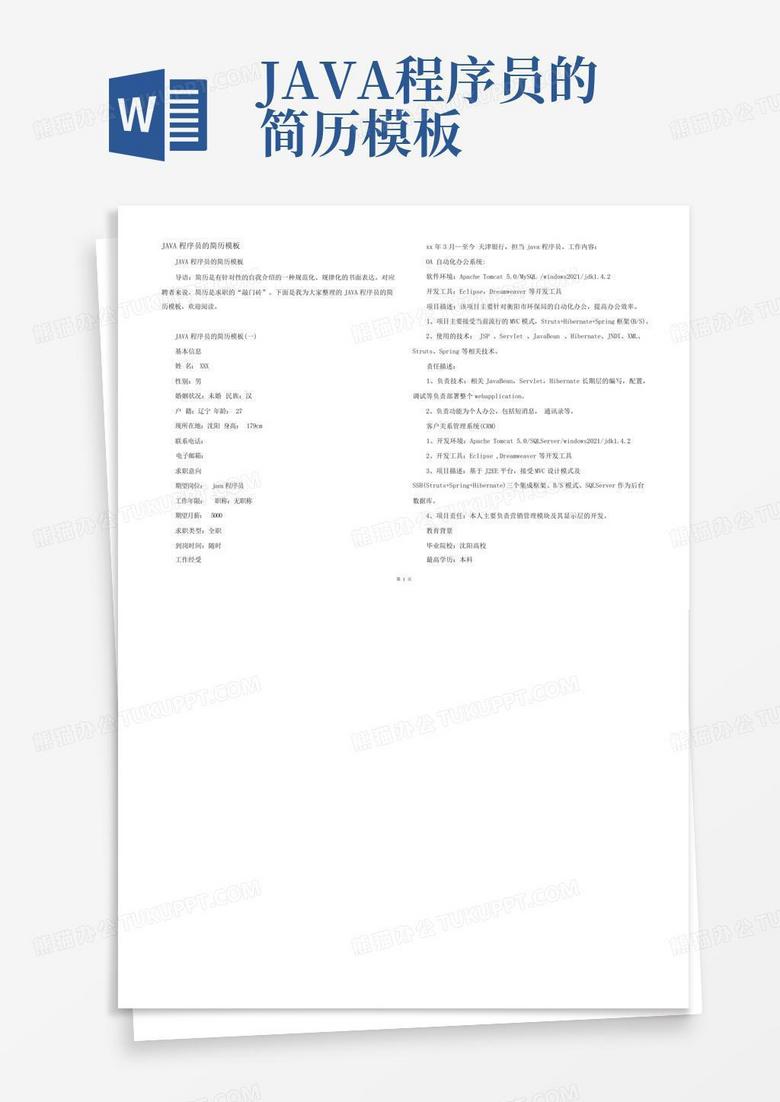 Java程序员的简历word模板下载 编号laadonmv 熊猫办公