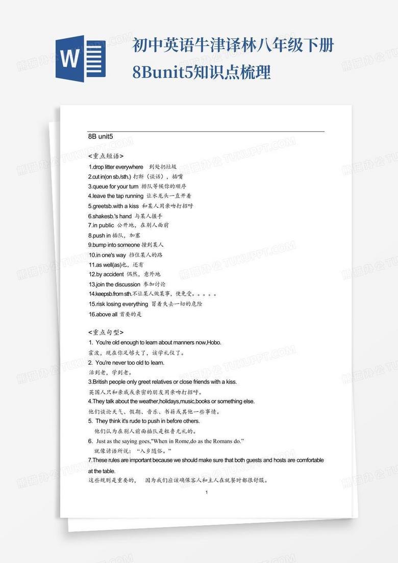 初中英语牛津译林八年级下册8bunit5知识点梳理Word模板下载_编号loxmonxm_熊猫办公